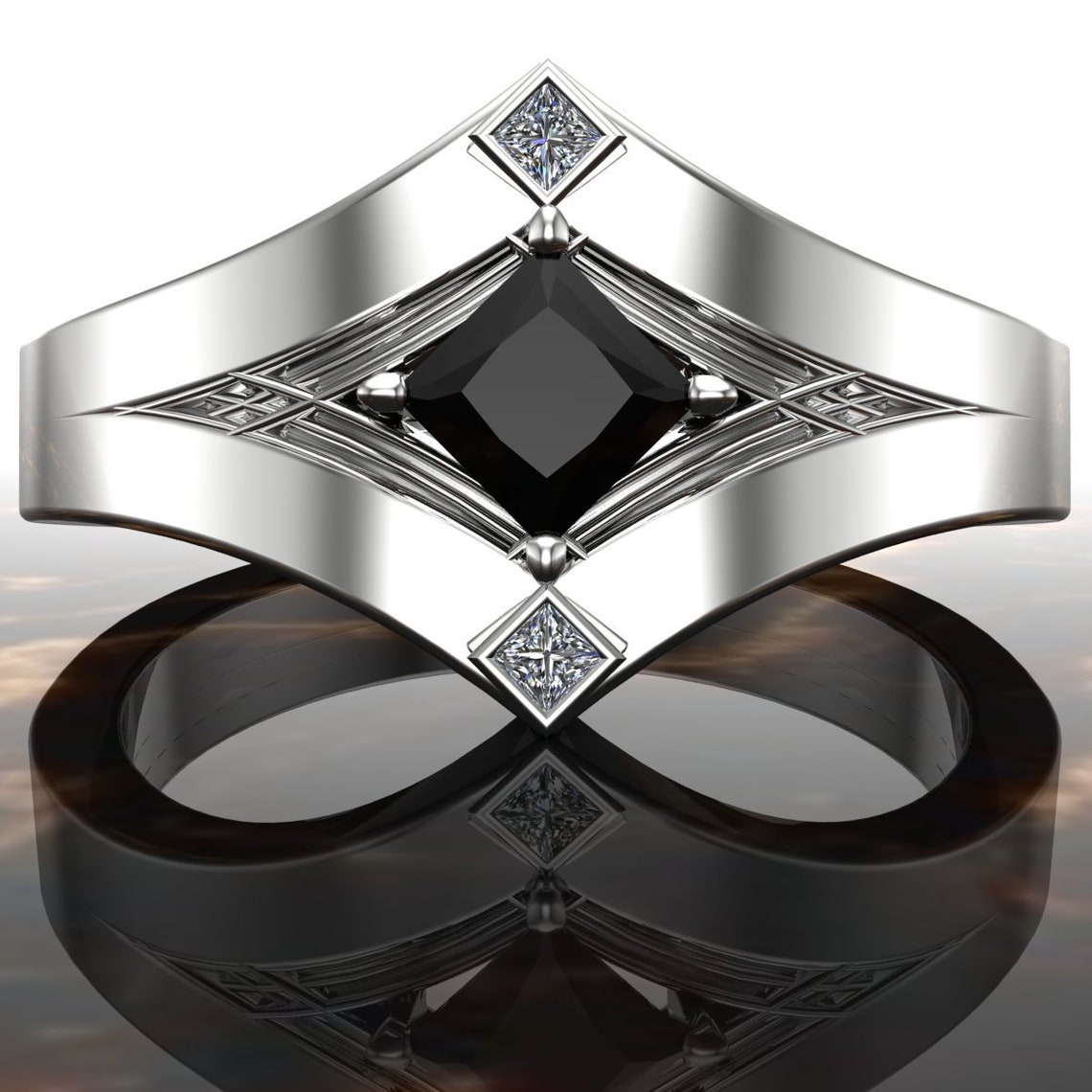 Masculine Engagement Ring Art Deco Design With Black and | Etsy