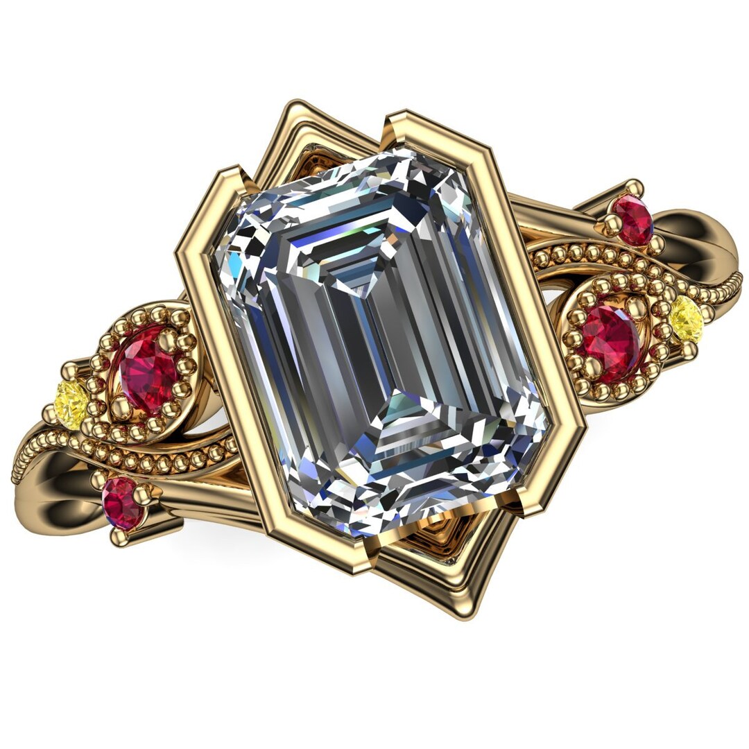 Fantasy Engagement Ring, Emerald Lab Created Diamond in 14k Gold or ...