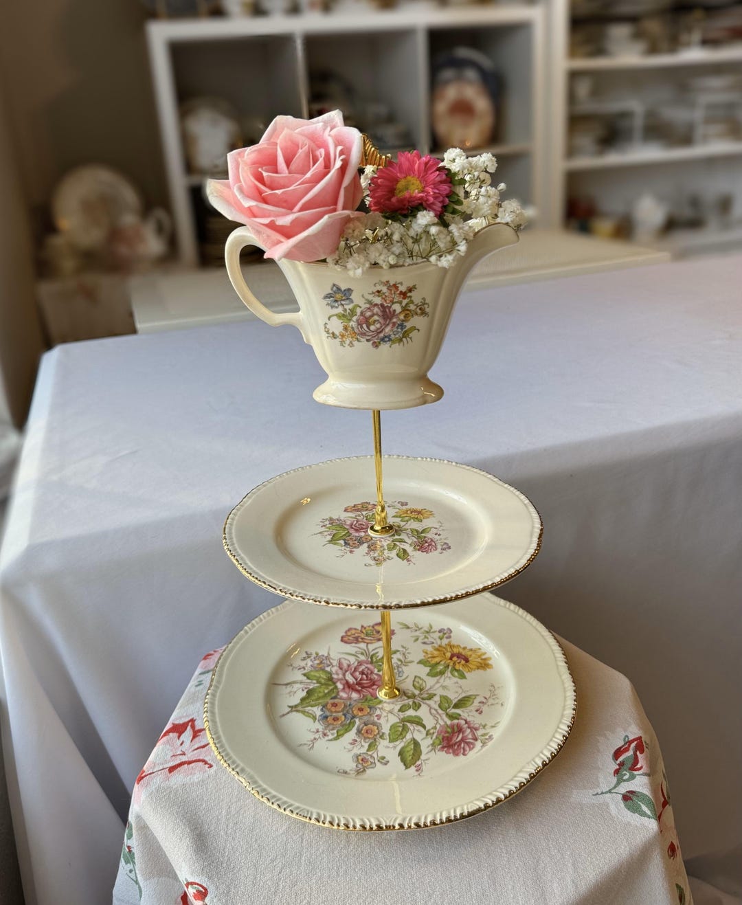 Vintage Floral Homer Laughlin Cake Stand, Gold Trim Dessert Tower - Etsy
