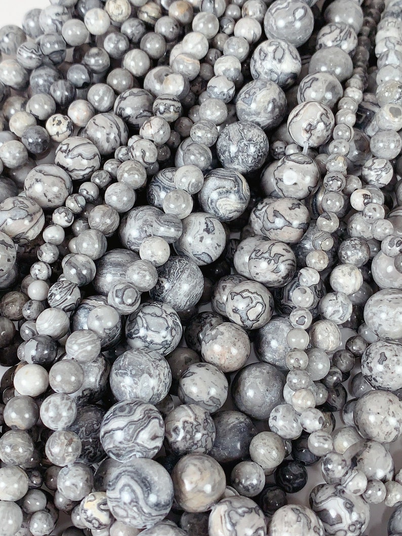 Gray Map Stone Jasper Smooth Round Beads: Natural Strand 15.5" 4mm 6mm ...