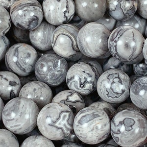 Gray Map Stone Jasper Smooth Round Beads: Natural Strand 15.5" 4mm 6mm ...