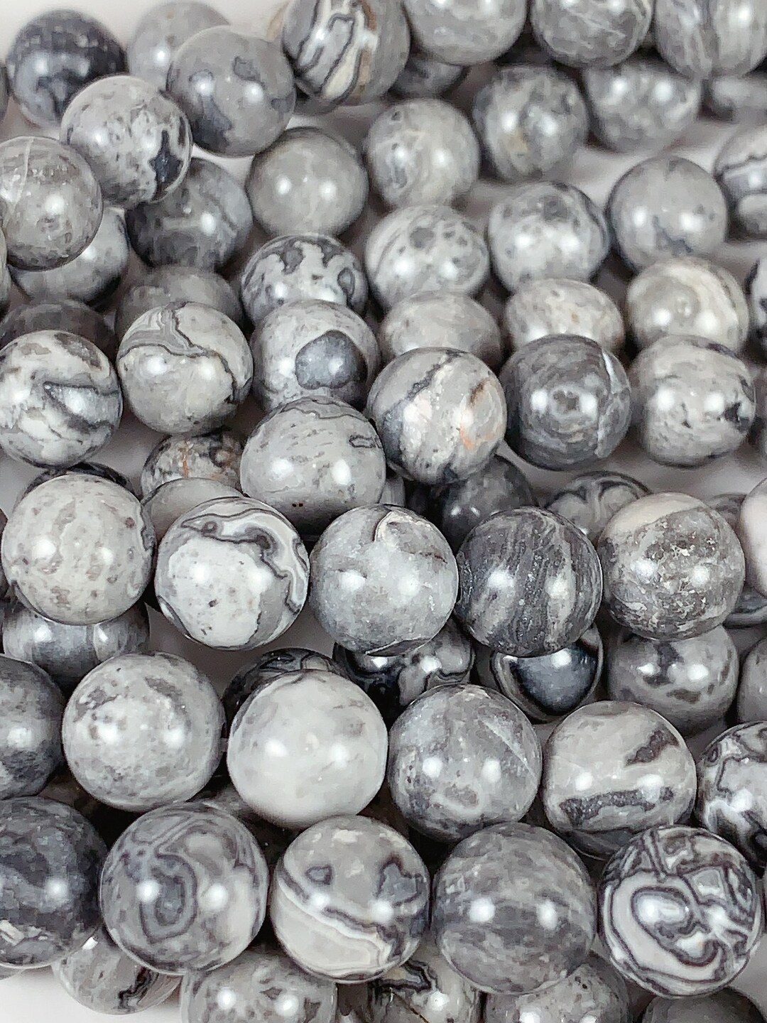 Gray Map Stone Jasper Smooth Round Beads: Natural Strand 15.5" 4mm 6mm ...