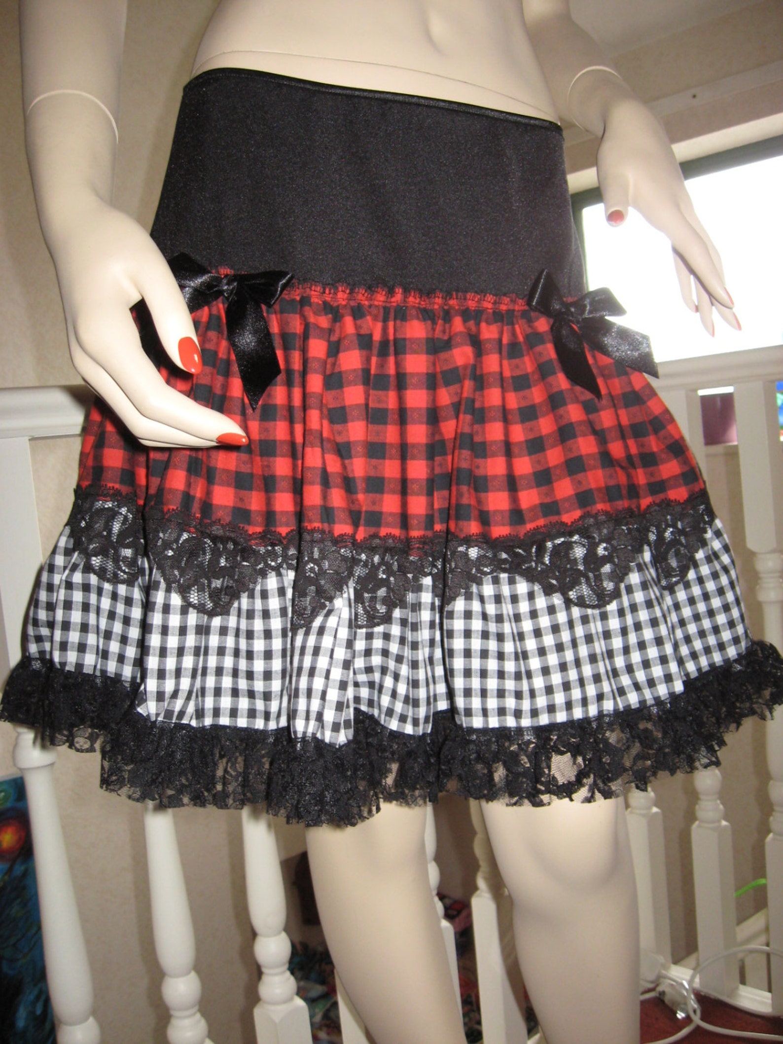 Black White Red Check Lace Long Skirtgothic - Etsy