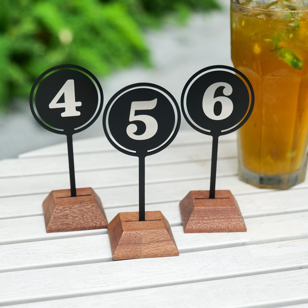 Custom Matte Black Table Number Signs – Laser Engraved Metal With Wood ...