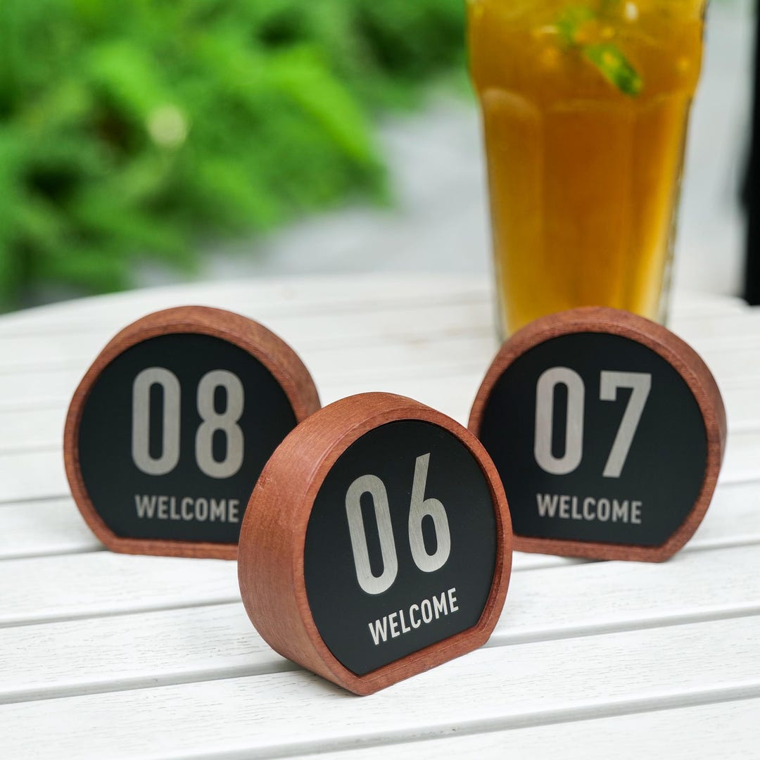 Custom Black Metal Table Number Sign With Wood Base – Laser Engraved ...