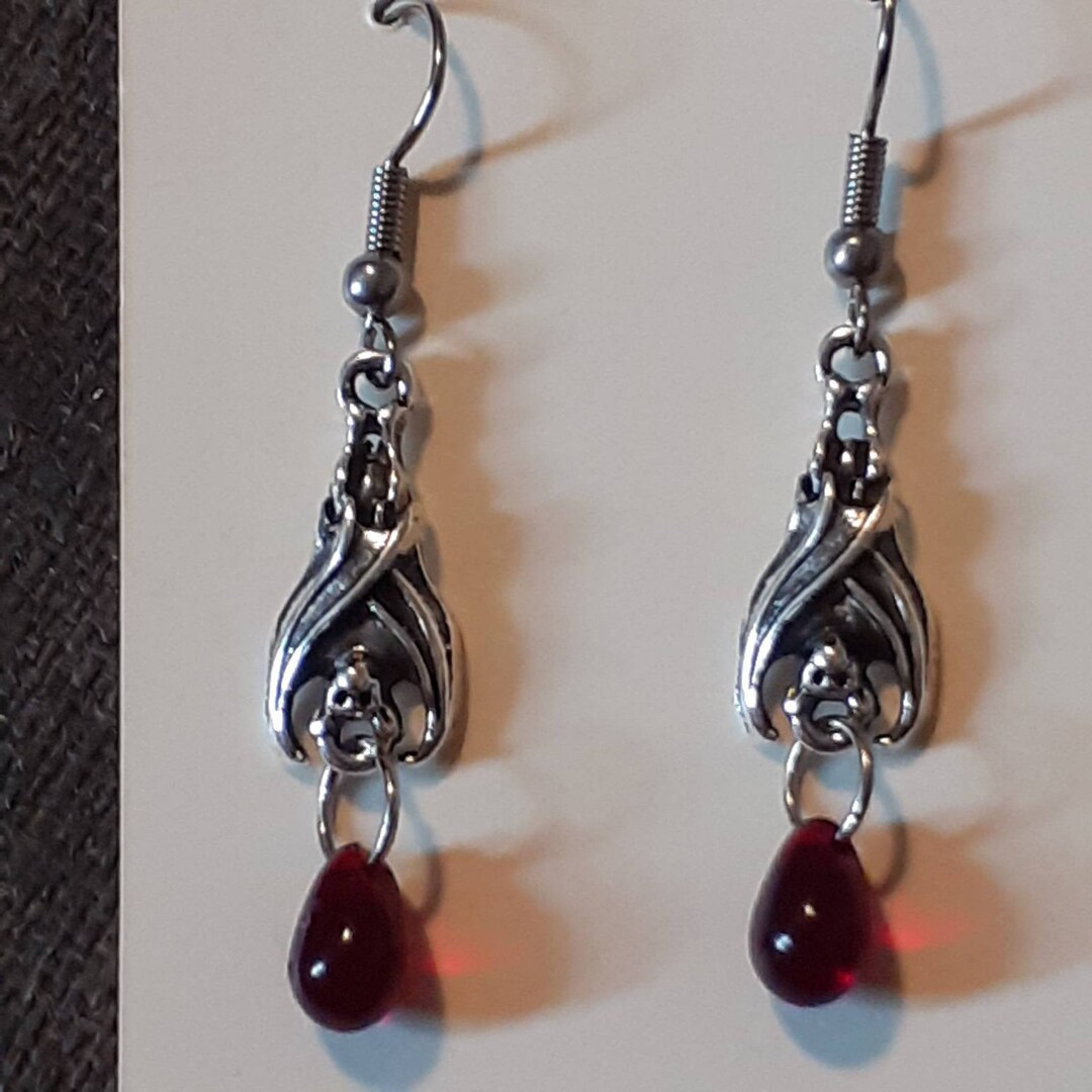 Cute Vampire Bat and Czech Glass Blood Drop Earrings. Vampire. Goth - Etsy