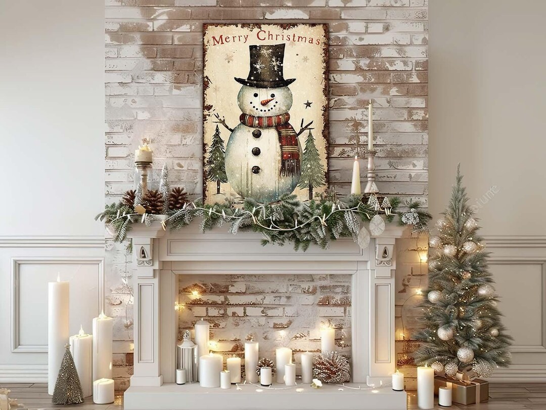 Primitive Snowman Decor Christmas Wall Art Stretched Canvas Print ...