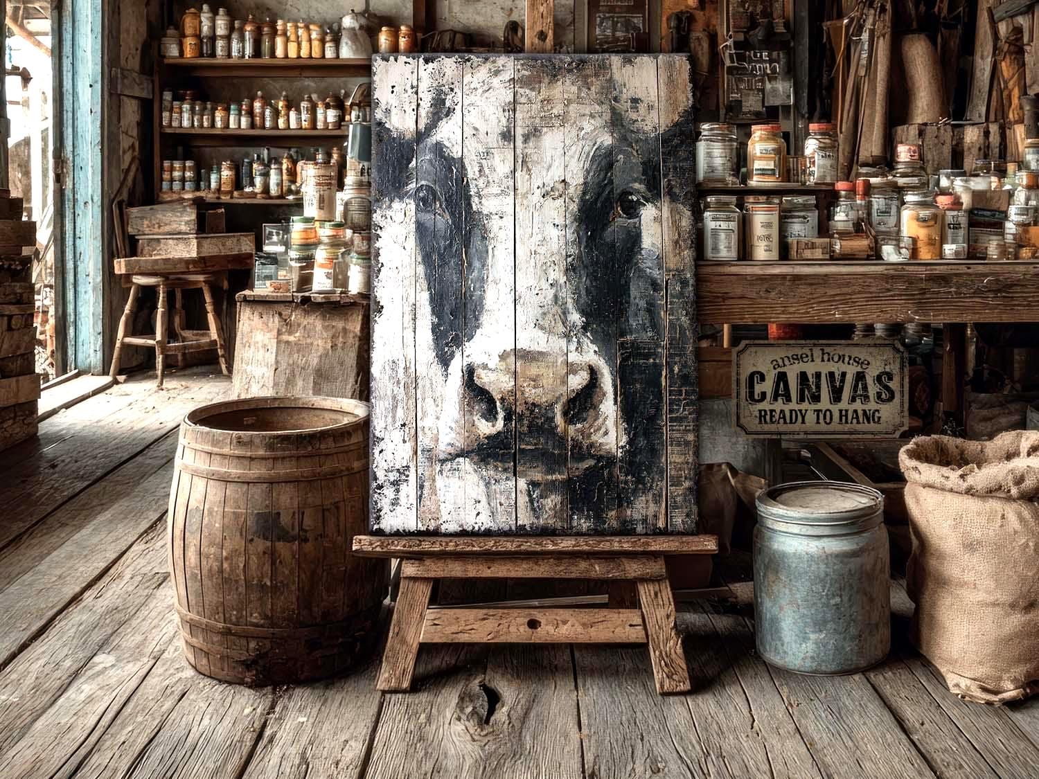 Rustic Cow Canvas Wall Art - Farmhouse Kitchen Painting Vintage Farm ...