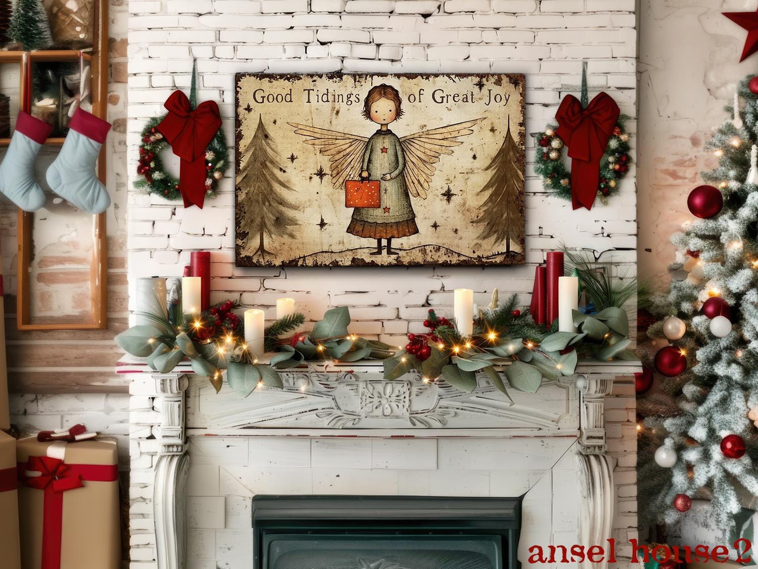 Primitive Angel Whimsical Christmas Decor Canvas Wall Art Print Mantle ...
