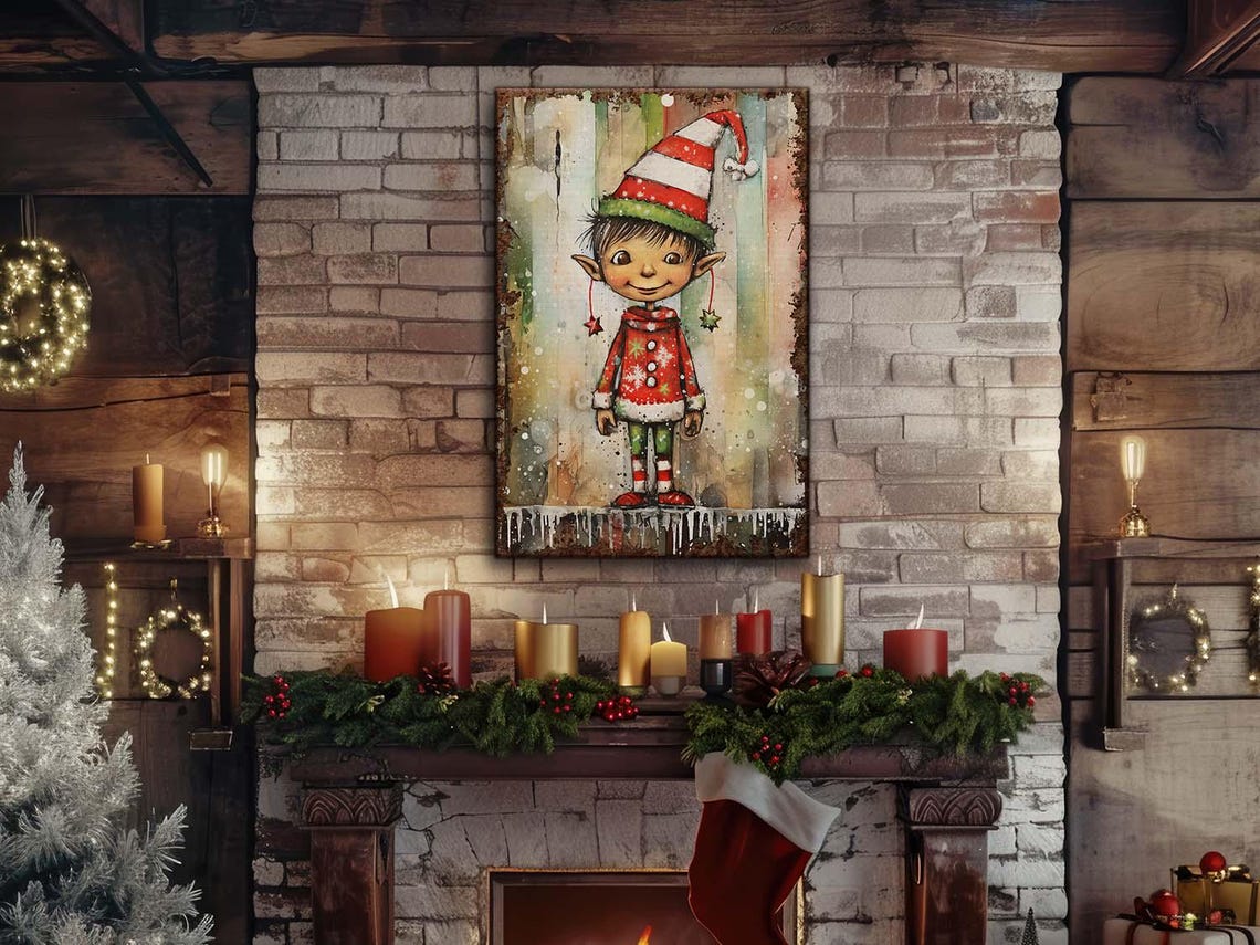 Whimsical Elf Christmas Decor - Canvas Wall Art Print - Primitive ...