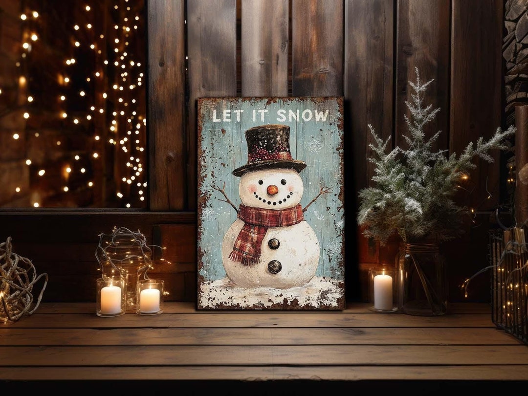 Primitive Snowman Decor Christmas Wall Art Stretched Canvas Print ...
