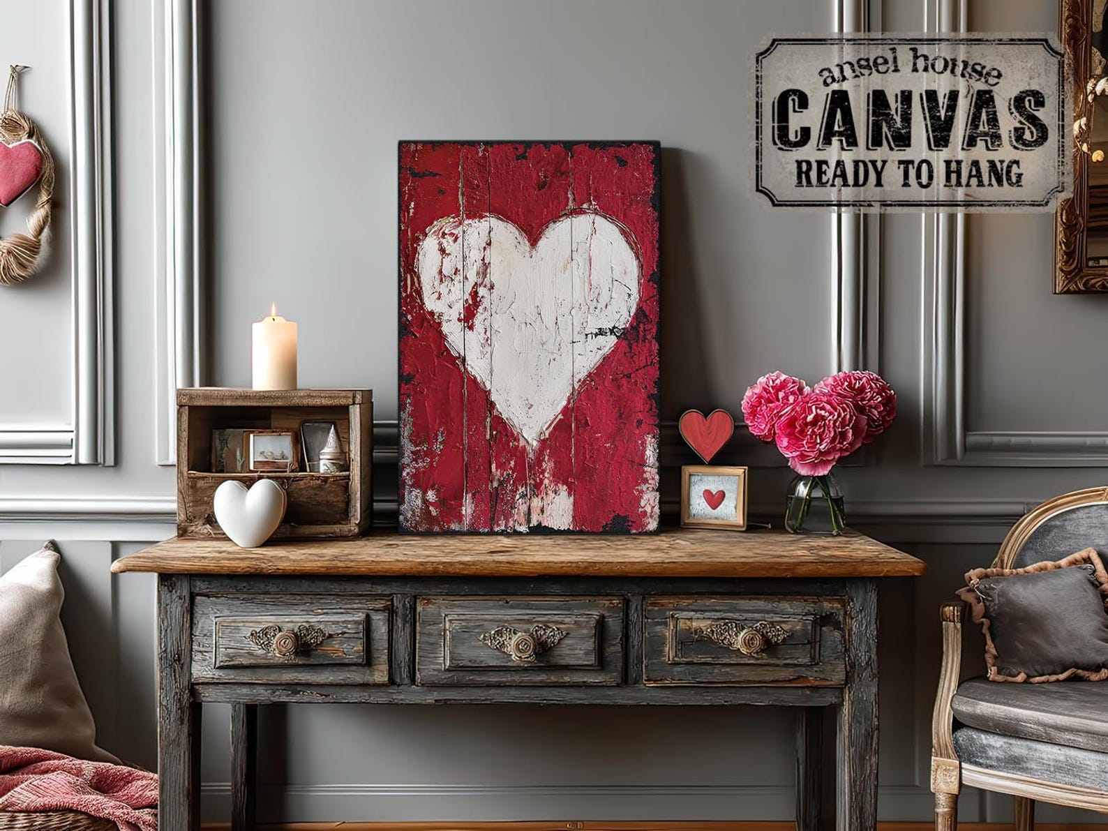 Rustic Heart Canvas Wall Art, Large Distressed Artwork, Vintage Rustic ...