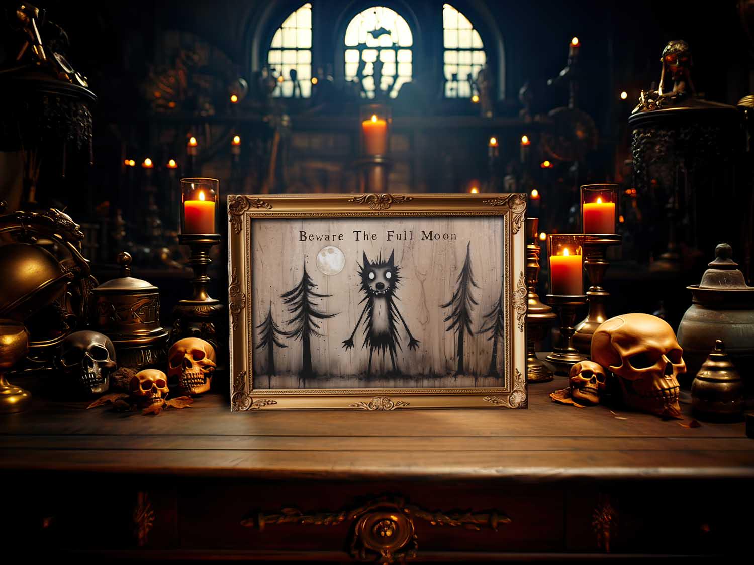 Primitive Halloween Decor Unframed Art Print Creepy Cute Werewolf ...