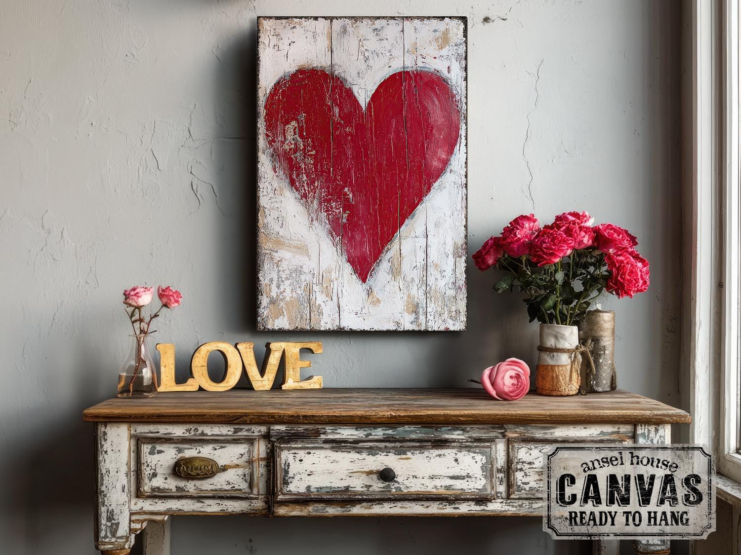 Rustic Heart Canvas Wall Art, Large Distressed Artwork, Vintage Rustic ...