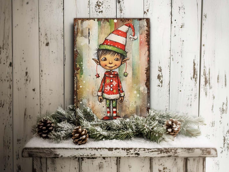 Whimsical Elf Christmas Decor - Canvas Wall Art Print - Primitive ...