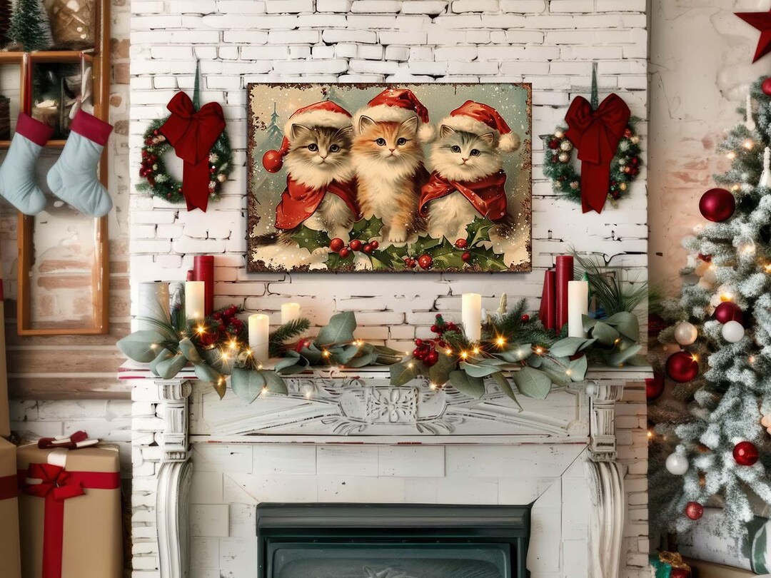 Vintage Style Victorian Santa Hat Kittens Christmas Decor - Stretched ...