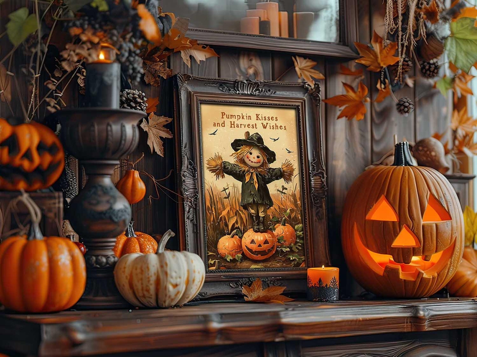Thanksgiving Primitive Scarecrow Decor Unframed Print - Wall Art Mantle ...