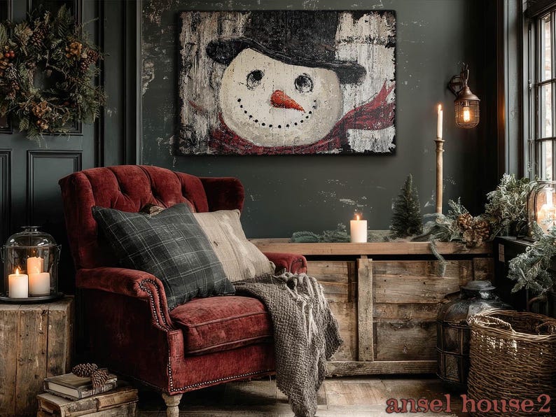 Rustic Snowman Canvas Wall Art – Vintage Winter Decor, Farmhouse ...
