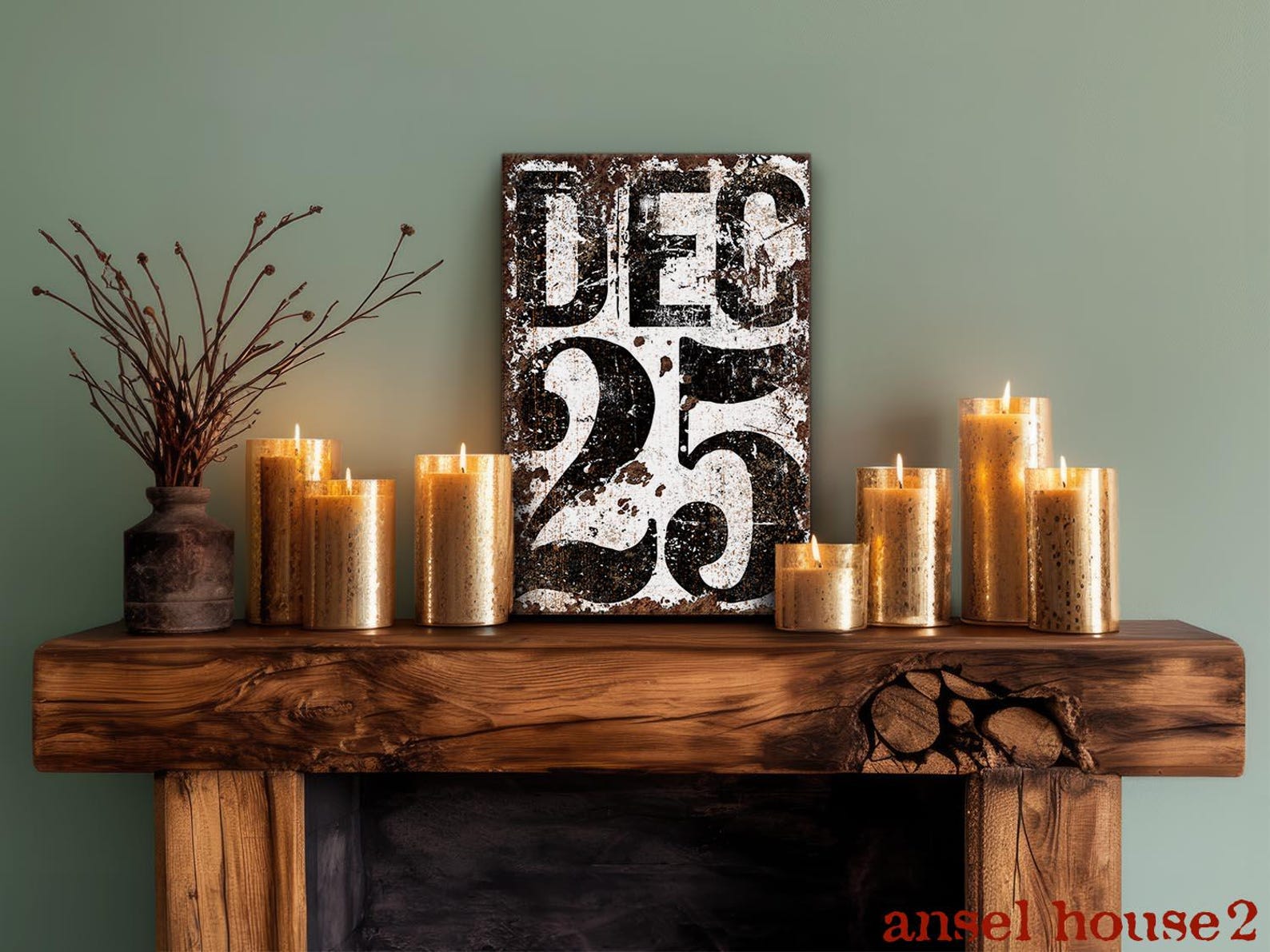 Canvas Wall Art - Primitive Rustic Christmas Mantle Decoration ...