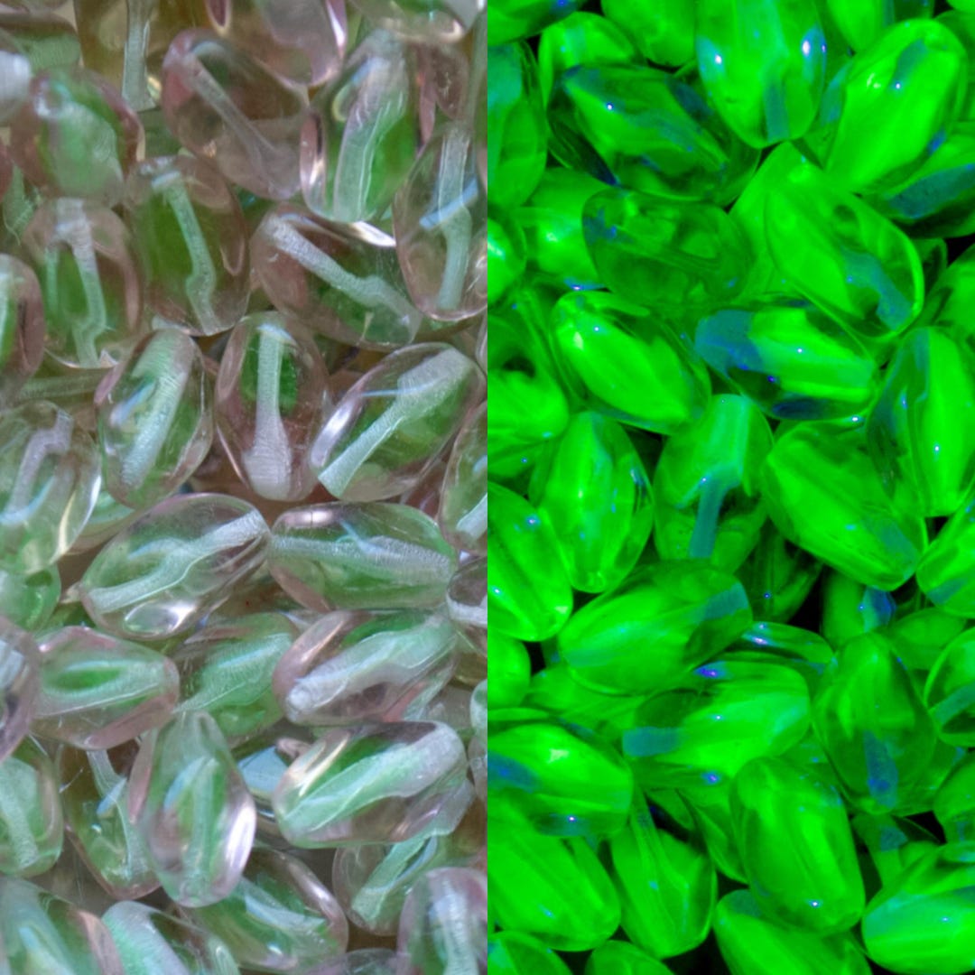 11mm X 6mm UV Reactive Uranium Glass Bicolor Pink and Green Pinch Beads ...