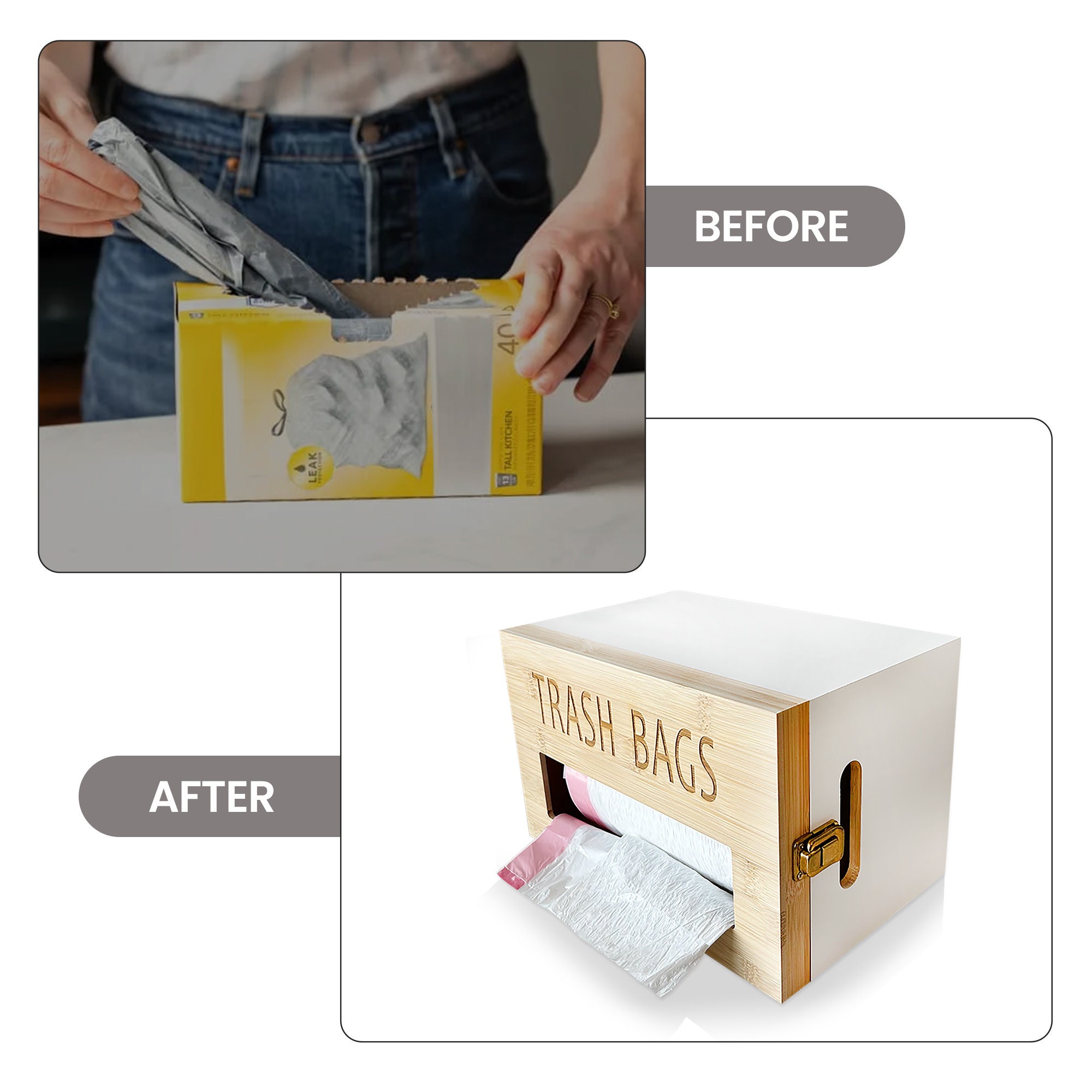 Wall-mounted Bamboo Trash Bag Dispenser Organizer - Extra Large Garbage ...