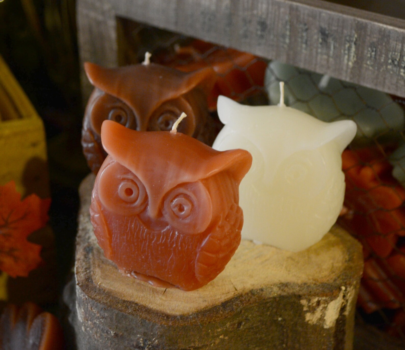 Set of 3 Fall Inspired Owl Candles Brown Ivory and Burnt Orange - Etsy