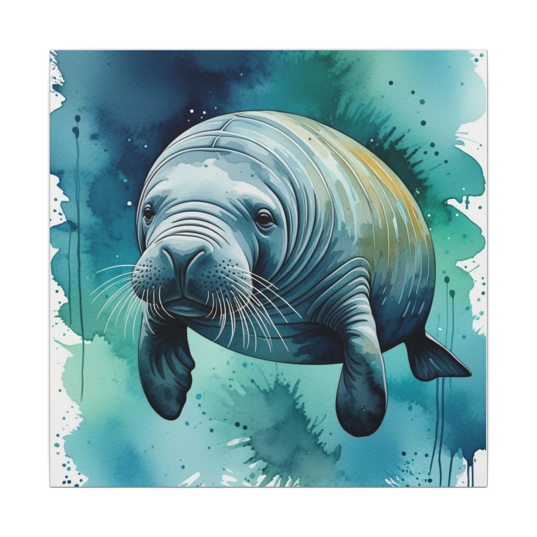 Manatee Watercolor Artwork Canvas, Nautical Wall Decor, Ocean-themed ...