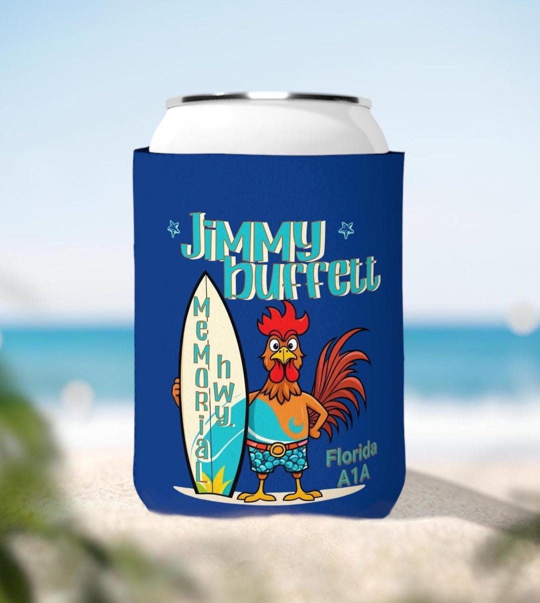 Jimmy Buffett Funny Surfing Rooster Tropical Can Cooler Sleeve, Beach ...