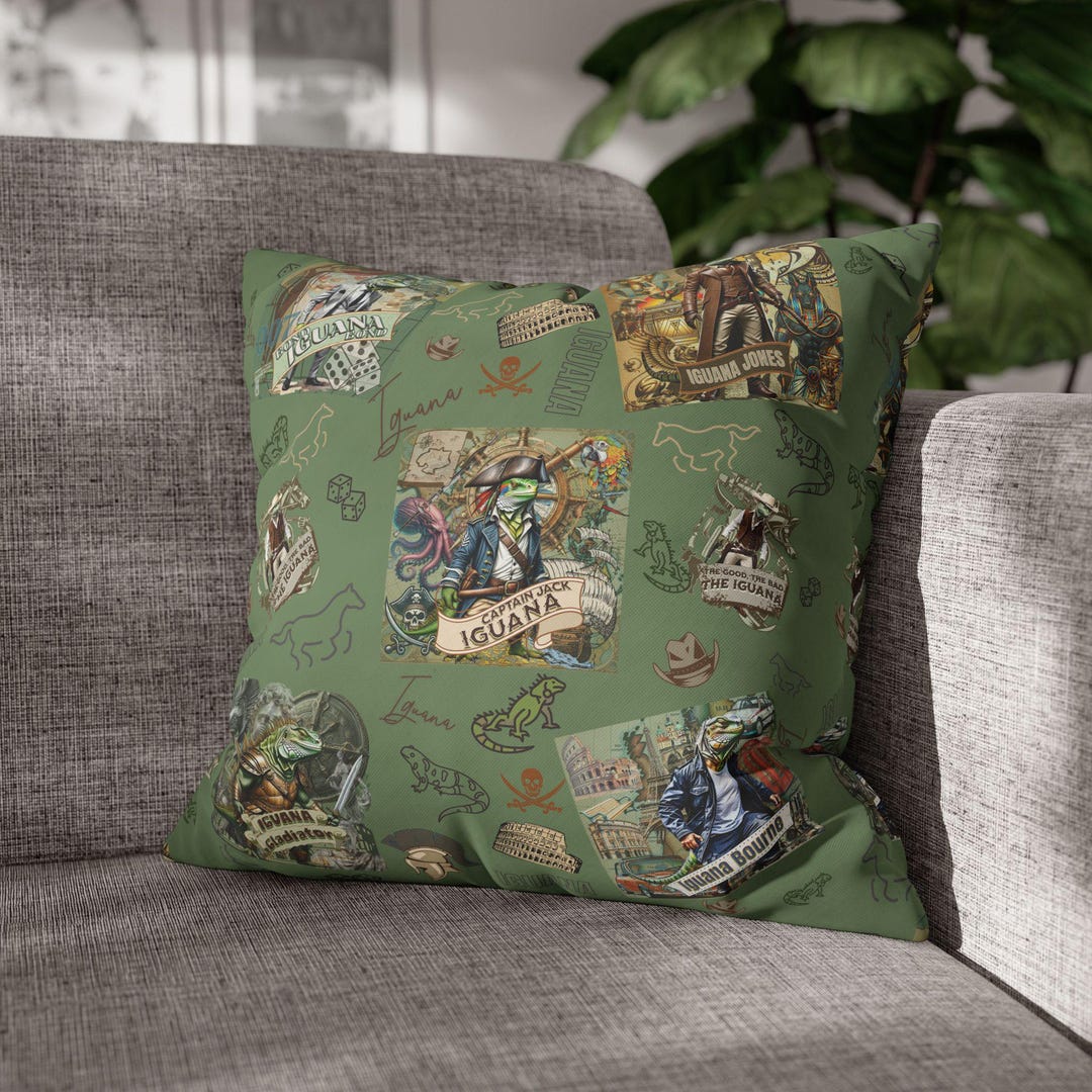Iguana Action Hero Adventurer Square Pillowcase - Canvas Throw Pillow ...