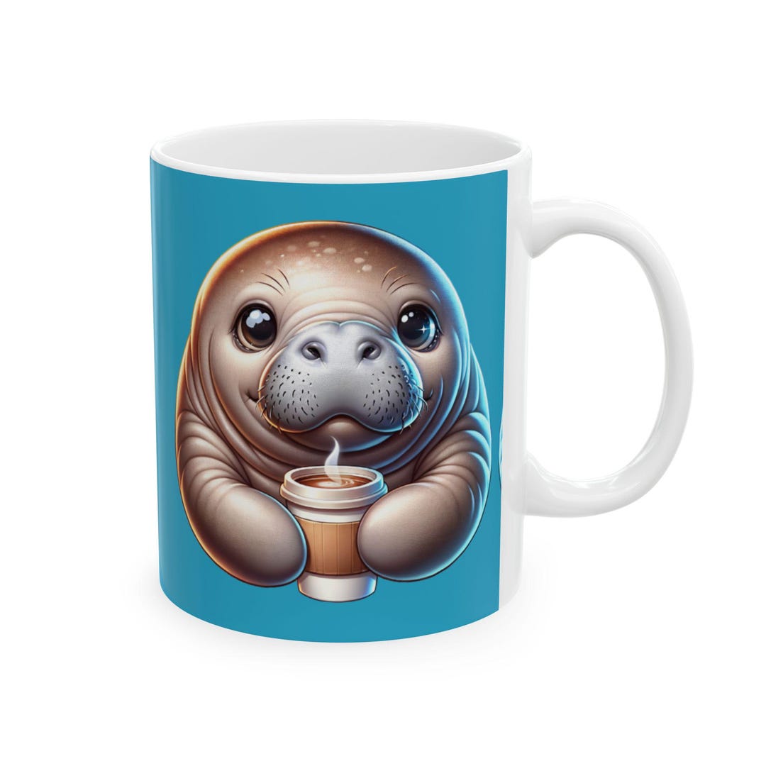 Manatee Drinking Coffee 11oz, 15oz Coffee Mug - Adorable Sea Creature ...