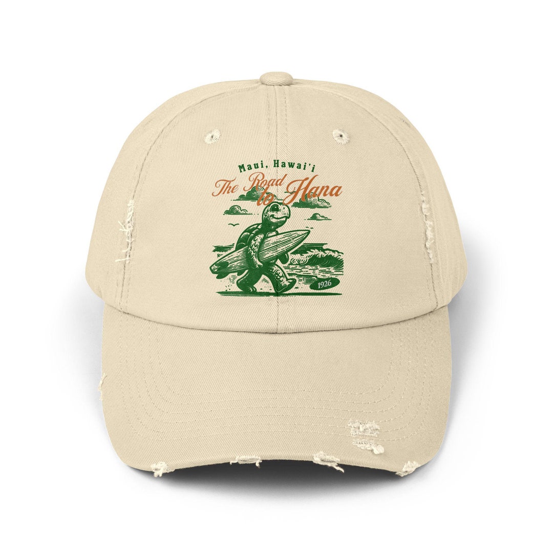 Road to Hana Turtle Surfing Distressed Cap - Maui, Hawaii, Unisex Hat ...