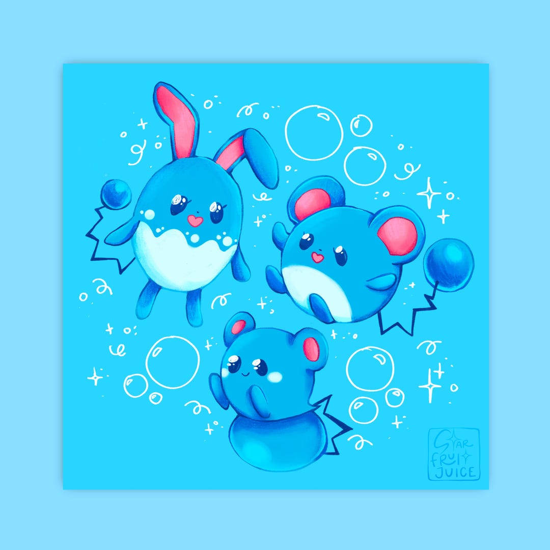 Azurill Marill & Azumarill Art Print | Blue Water Trio Fan Art | Video ...