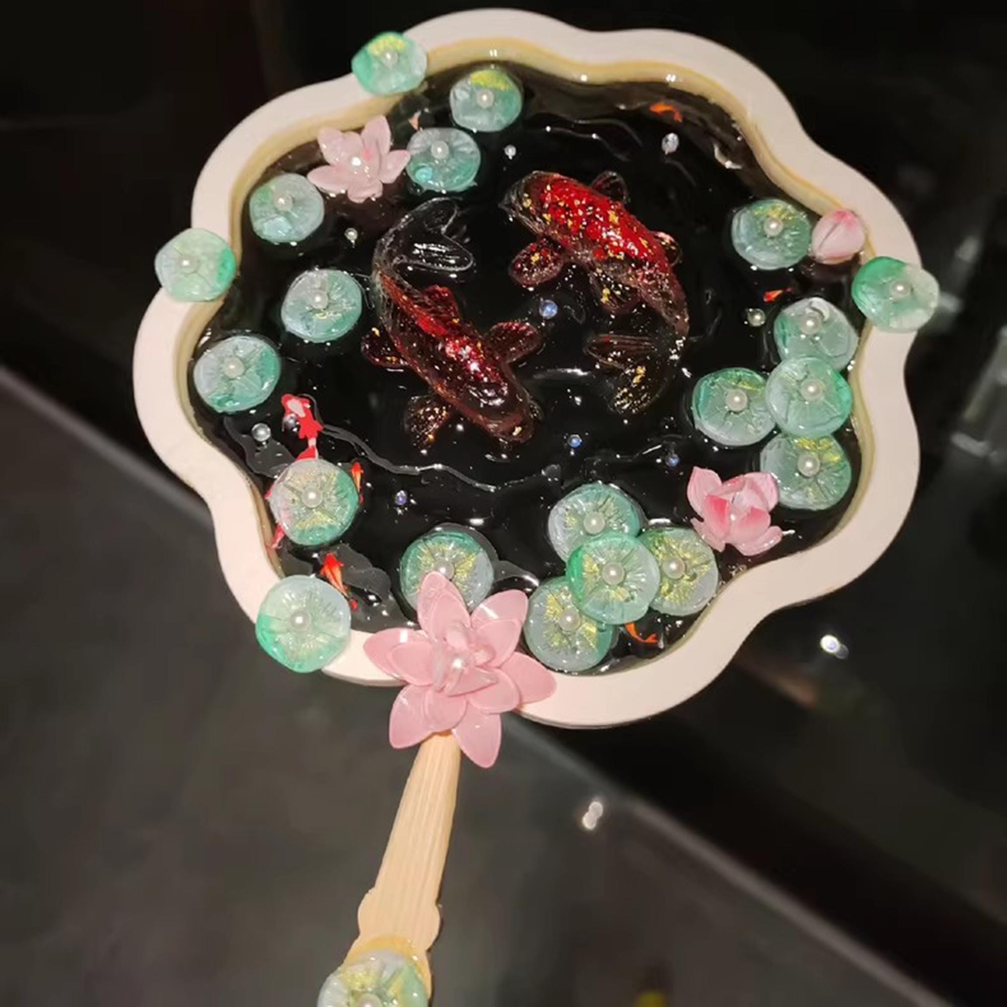 Koi Fan, Wooden Handle Fan, Handmade Transparent Epoxy Fan, Lotus Pond ...