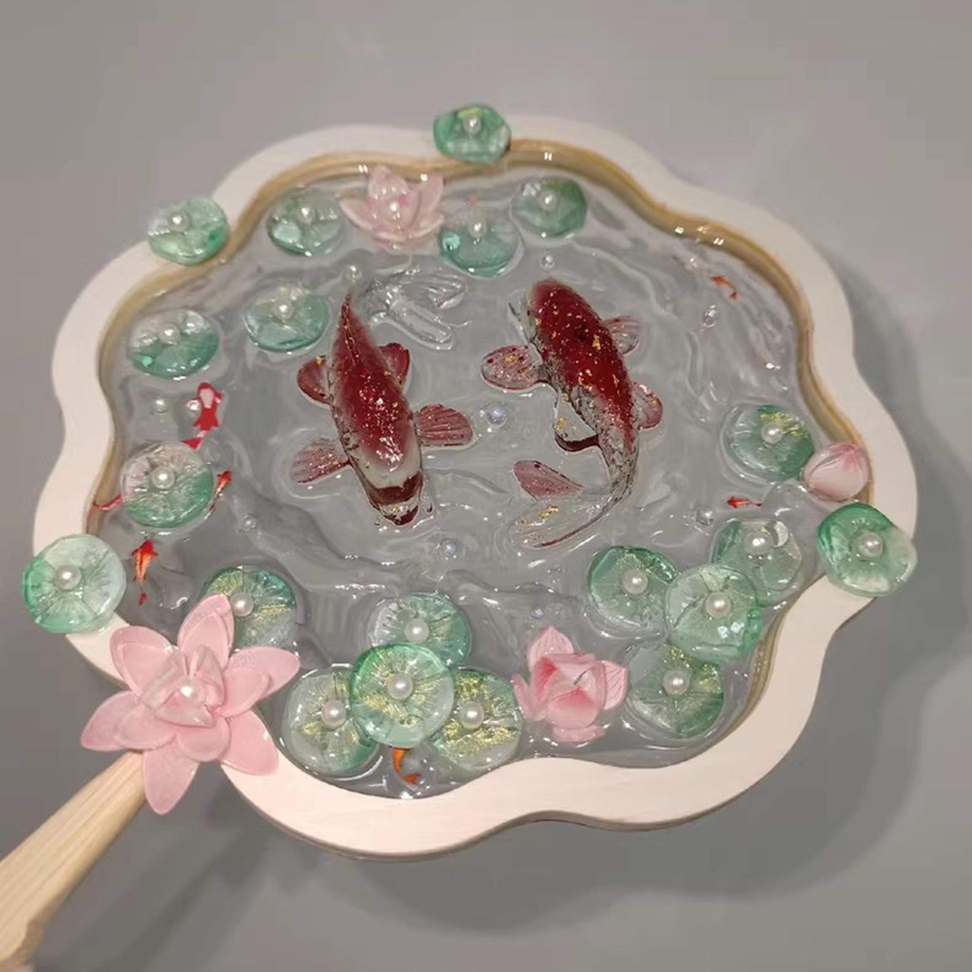 Koi Fan, Wooden Handle Fan, Handmade Transparent Epoxy Fan, Lotus Pond ...