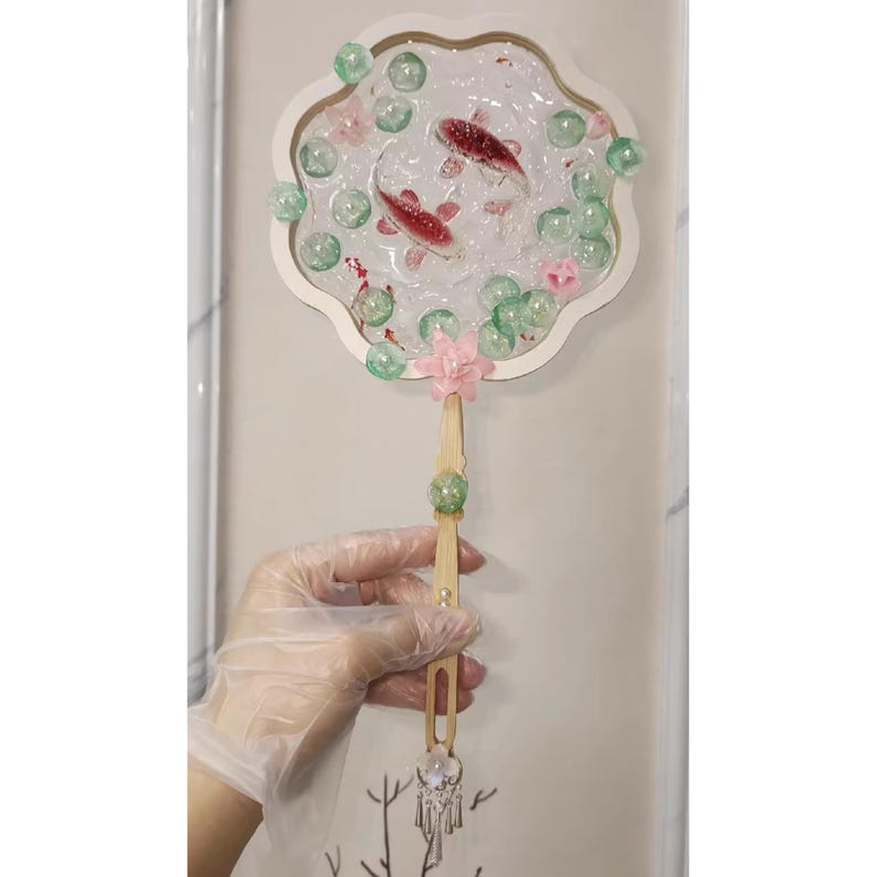 Koi Fan, Wooden Handle Fan, Handmade Transparent Epoxy Fan, Lotus Pond ...