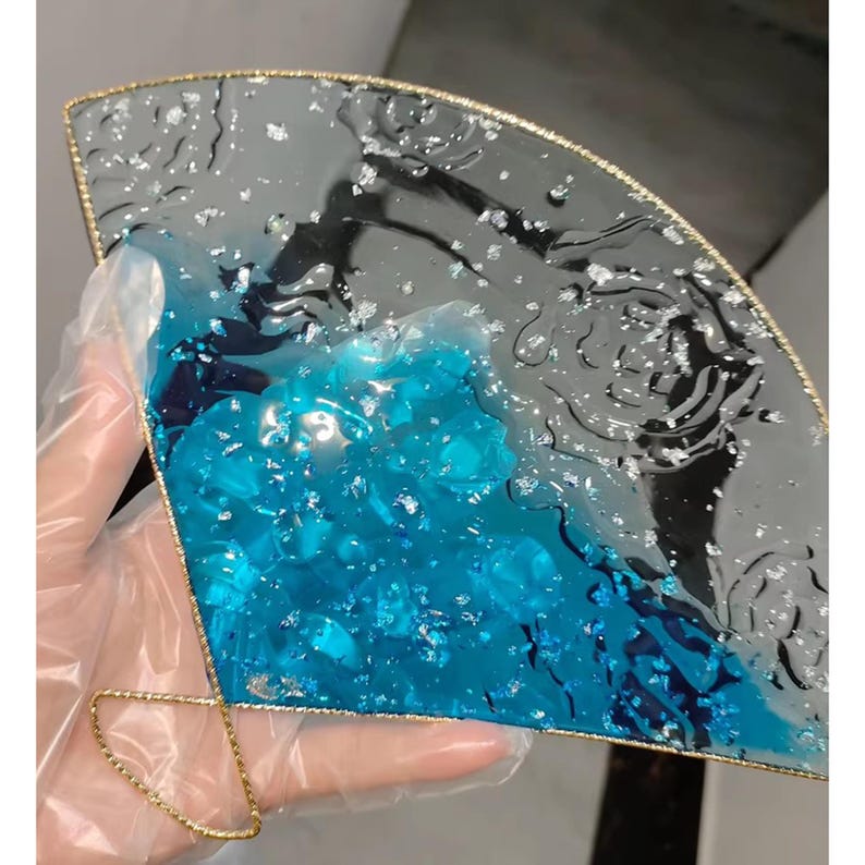 Handmade Epoxy Fan: Gradient Blue Sea Wave Design - Etsy