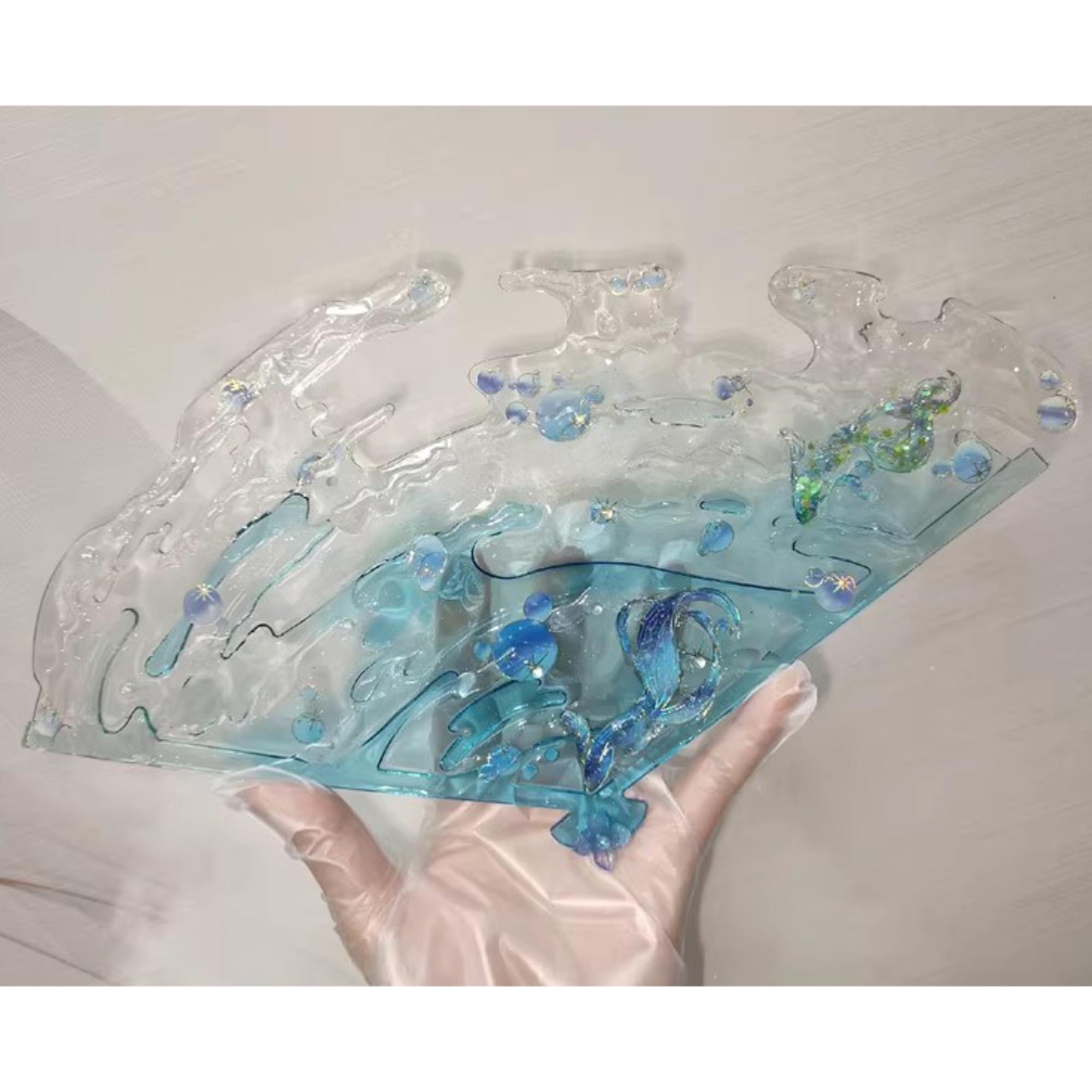 Blue Gradient Epoxy Fan: Handmade Wave Water Art, Customizable Gift - Etsy