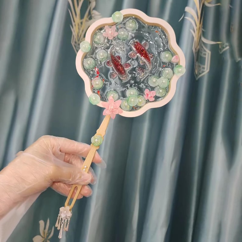 Koi Fan, Wooden Handle Fan, Handmade Transparent Epoxy Fan, Lotus Pond ...