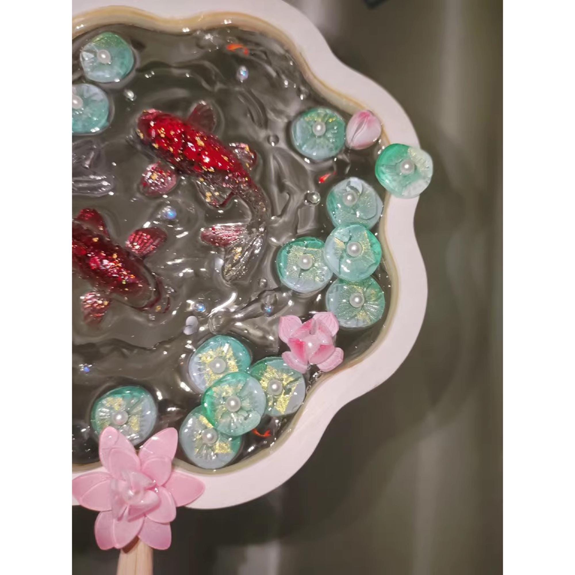 Koi Fan, Wooden Handle Fan, Handmade Transparent Epoxy Fan, Lotus Pond ...