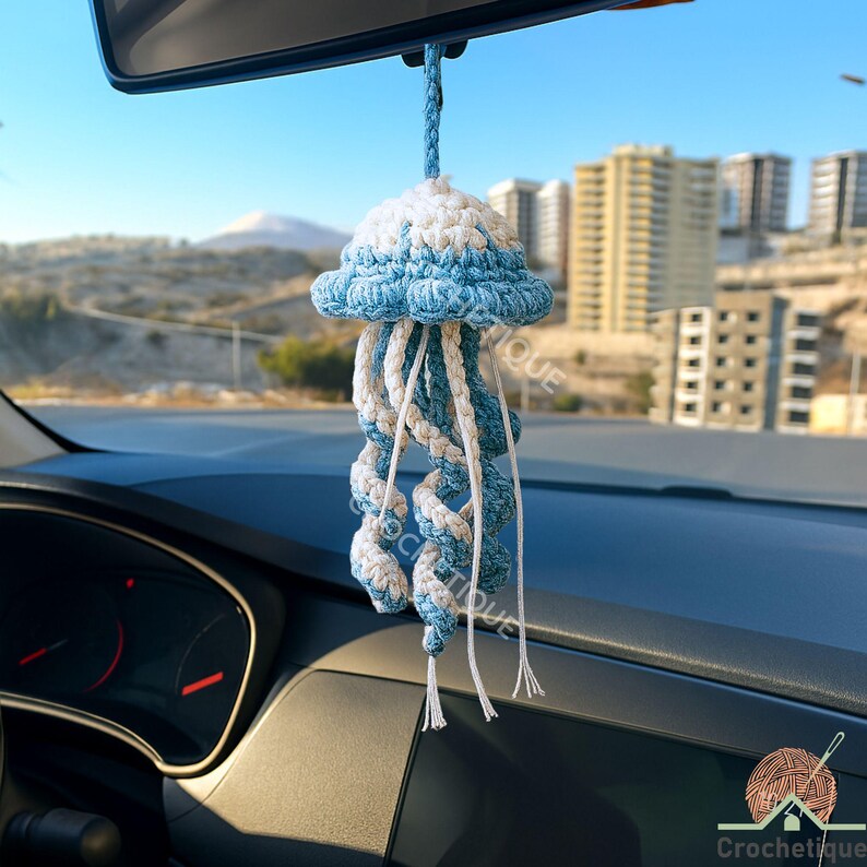 Crochet Jellyfish Car Hanging Kawaii Sea Animal Plush Cute Car ...
