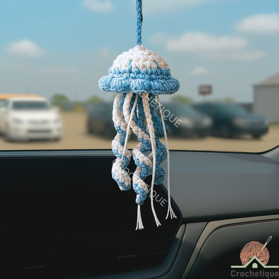 Crochet Jellyfish Car Hanging Kawaii Sea Animal Plush Cute Car ...