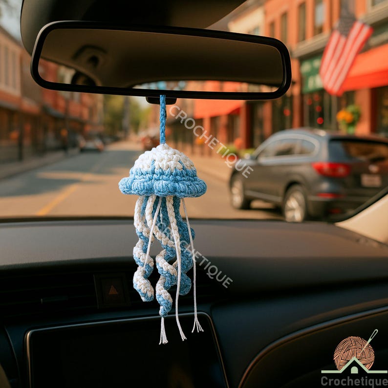 Crochet Jellyfish Car Hanging Kawaii Sea Animal Plush Cute Car ...