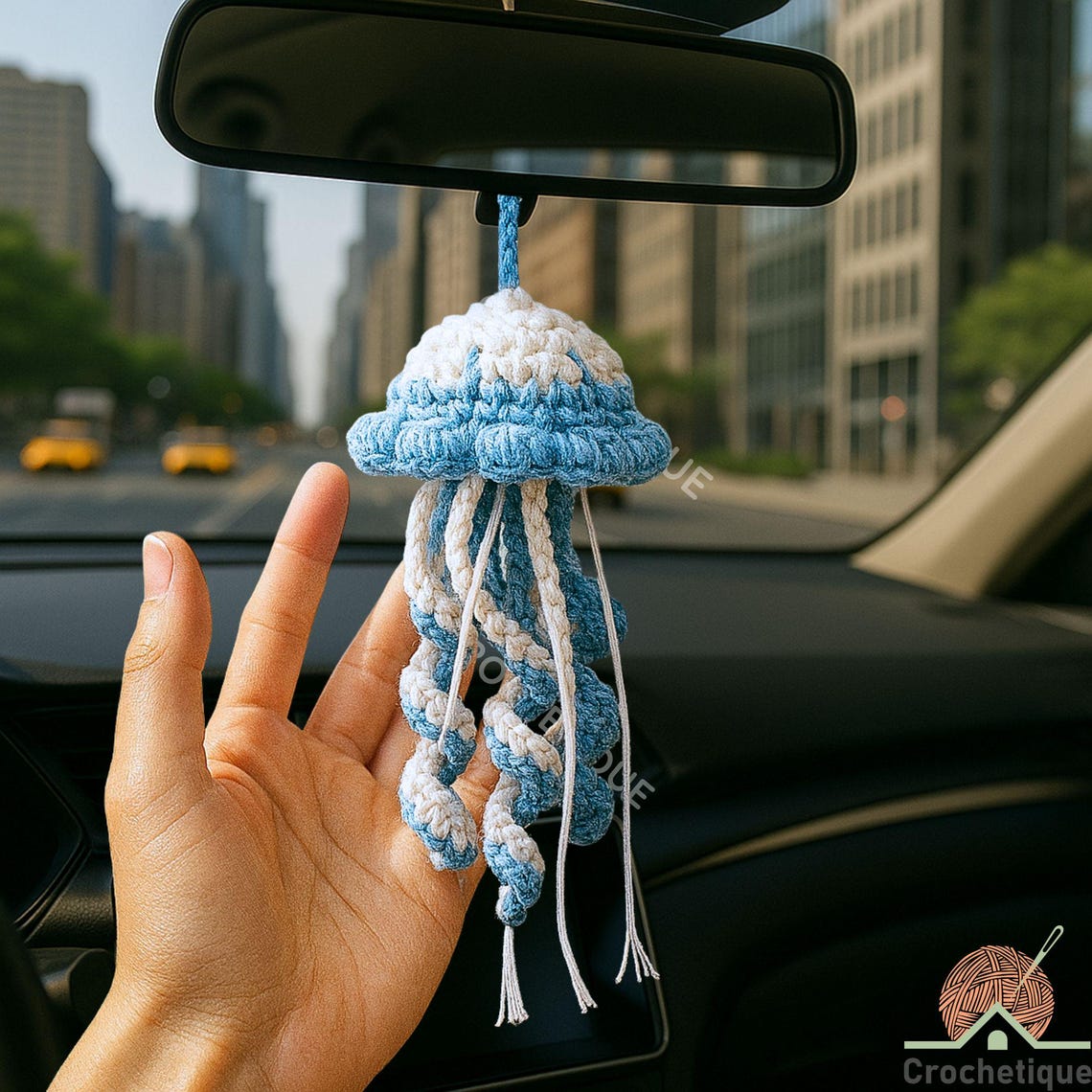 Crochet Jellyfish Car Hanging Kawaii Sea Animal Plush Cute Car ...