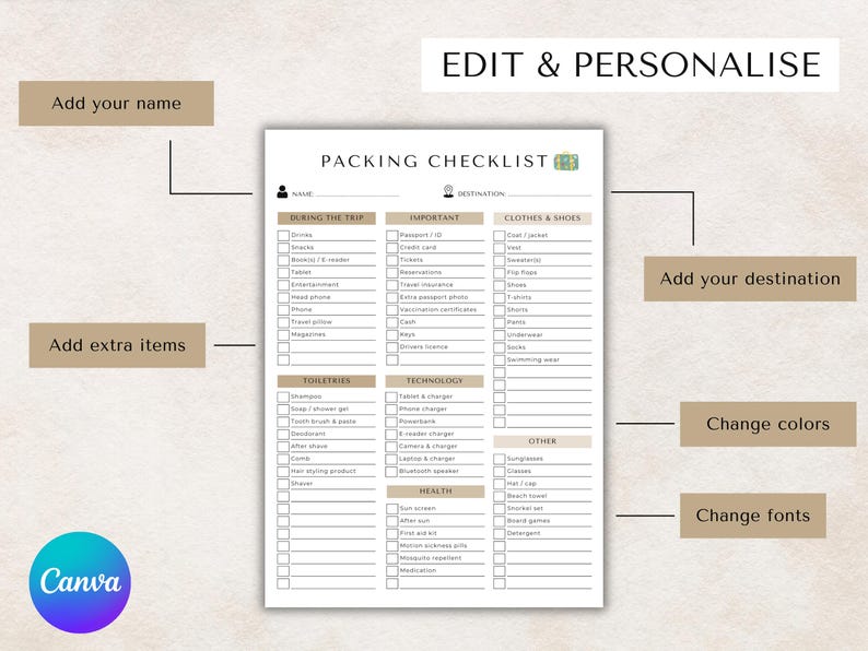 Editable Travel Packing List, Travel Packing List, Packing Checklist ...