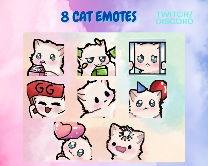 8 CAT EMOTES for Twitch / Discord, Emote Cat Kawaii Package, Emotes ...