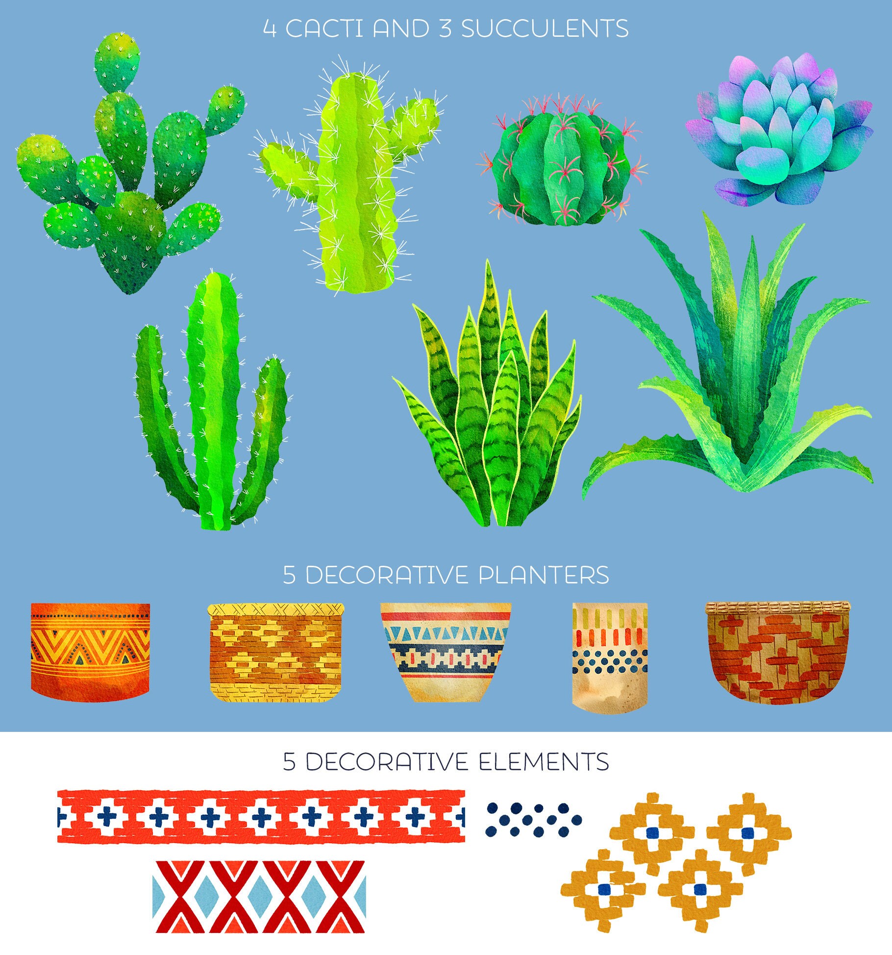Watercolor succulent cacti clipart set digital watercolor | Etsy