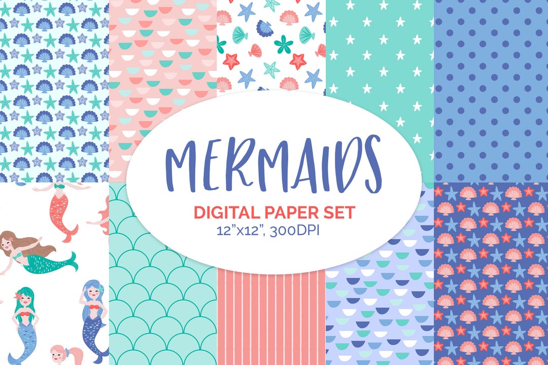 Digital Mermaid Scrapbook Paper, Digital Printable, Mermaid Scrapbook ...