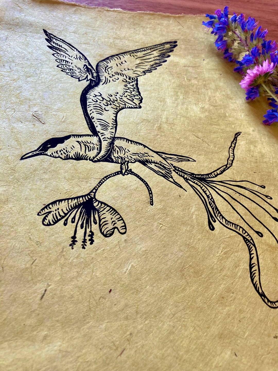 Linoprint Surrealist Swallow - Etsy