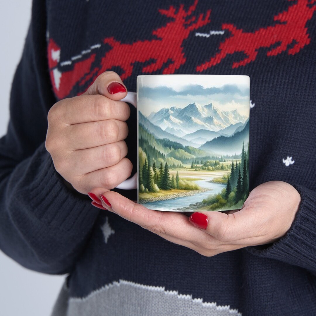 Mountain Range Mug, Colorful Nature Art Coffee Cup, Watercolor Outdoor ...