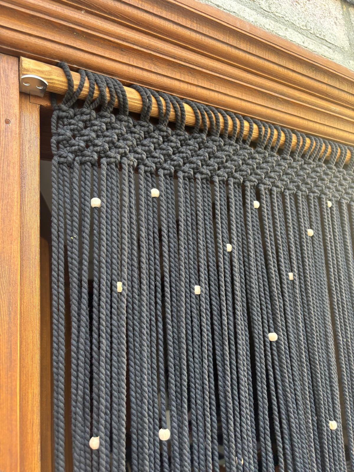 Black Macrame Curtain: Wood Beaded Room Divider, Boho Decor - Etsy